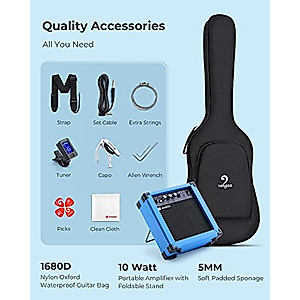 Electric Guitar 39 Inch Full Size Electric Guitar Beginner Starter Kit Bundle with Folding 10W Amp for Adults Teens,Metallic Blue, by Vangoa
