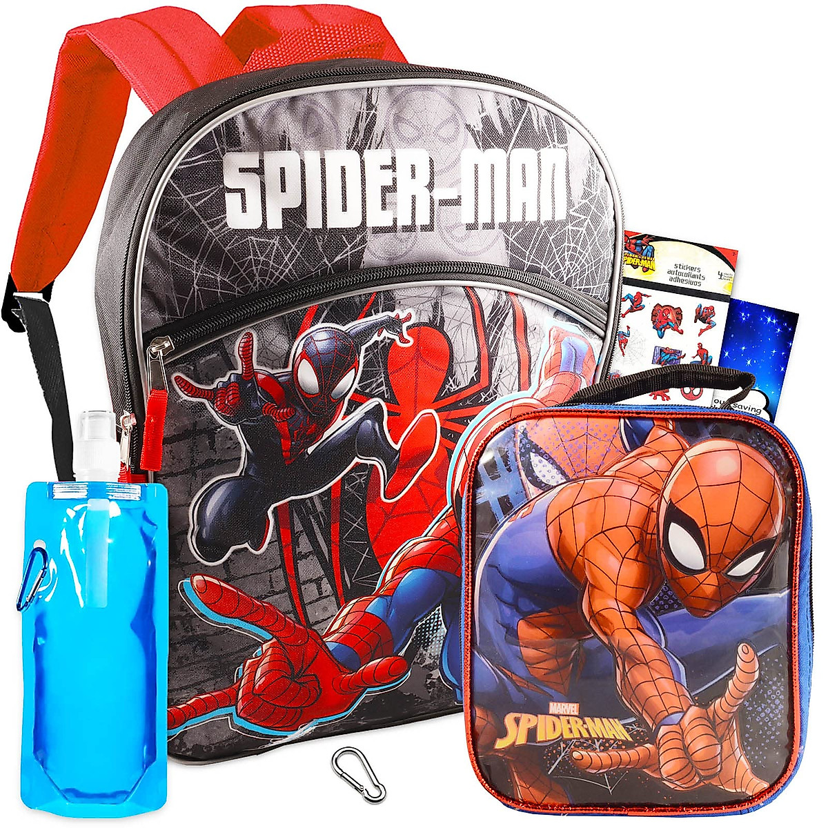 Fast Forward Spiderman Backpack and Lunch Box for Kids - 6 Pc Bundle with 16" Marvel Spiderman School Backpack Bag, Lunch Bag, Water Pouch, Stickers, and More (Spiderman School Supplies)