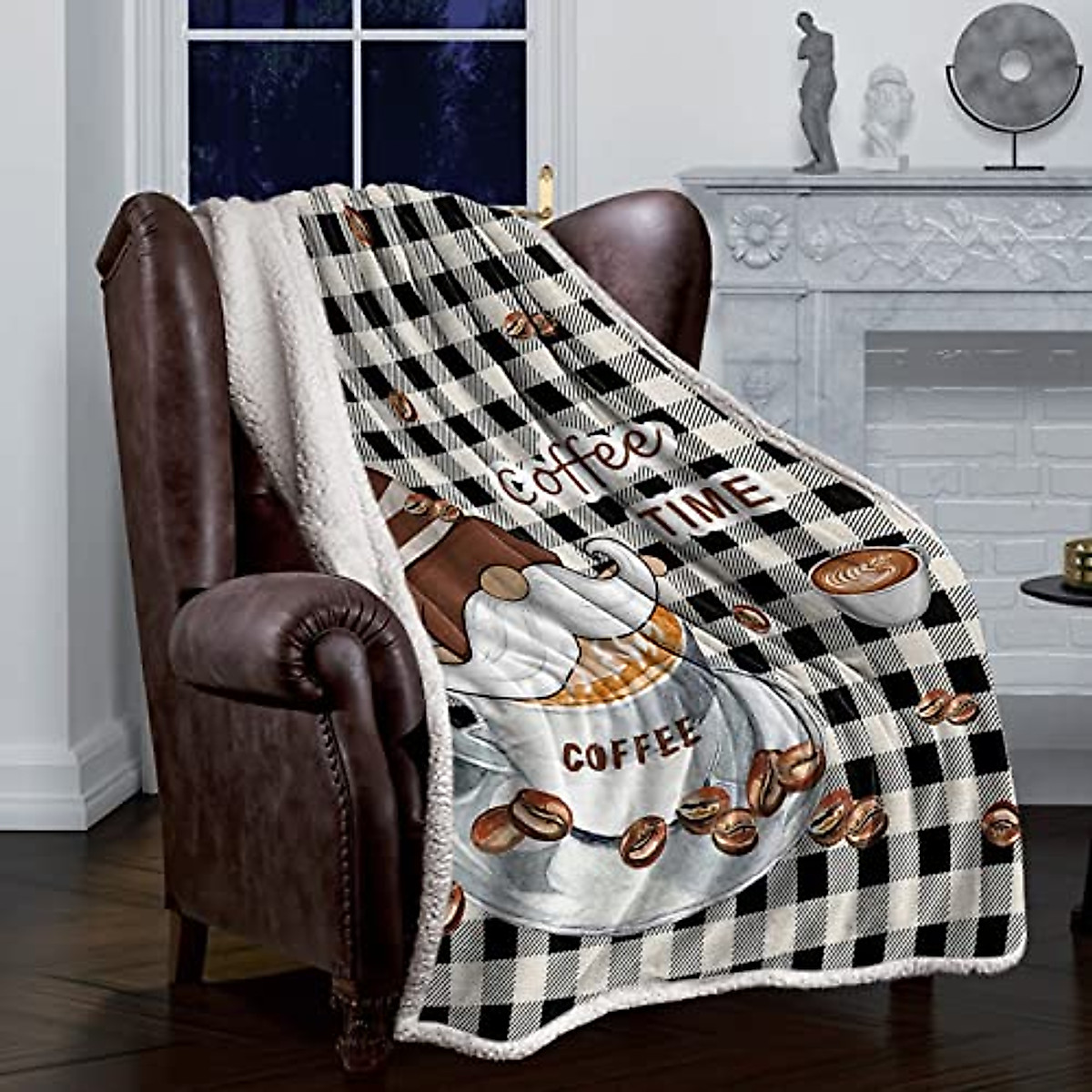 Sherpa Fleece Throw Blanket,Coffee Gnome Black Checker Retro Linen Soft Reversible Flannel Throws for Couch Sofa Bed,Dwarf Espresso Warm Cozy Blankets for Travel,Camping,Home Decor 40x50In