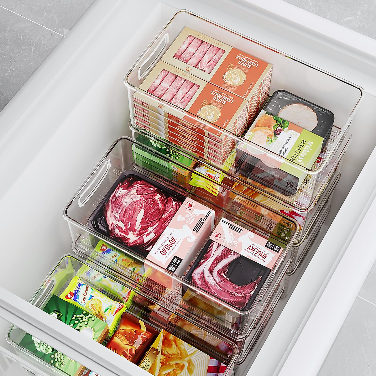Heyuzb 8 Pack Clear Freezer Organizer Bins Stackable Chest Freezer Organizer Deep Freezer Organizer Bins with Side Handles for Bottom Freezer