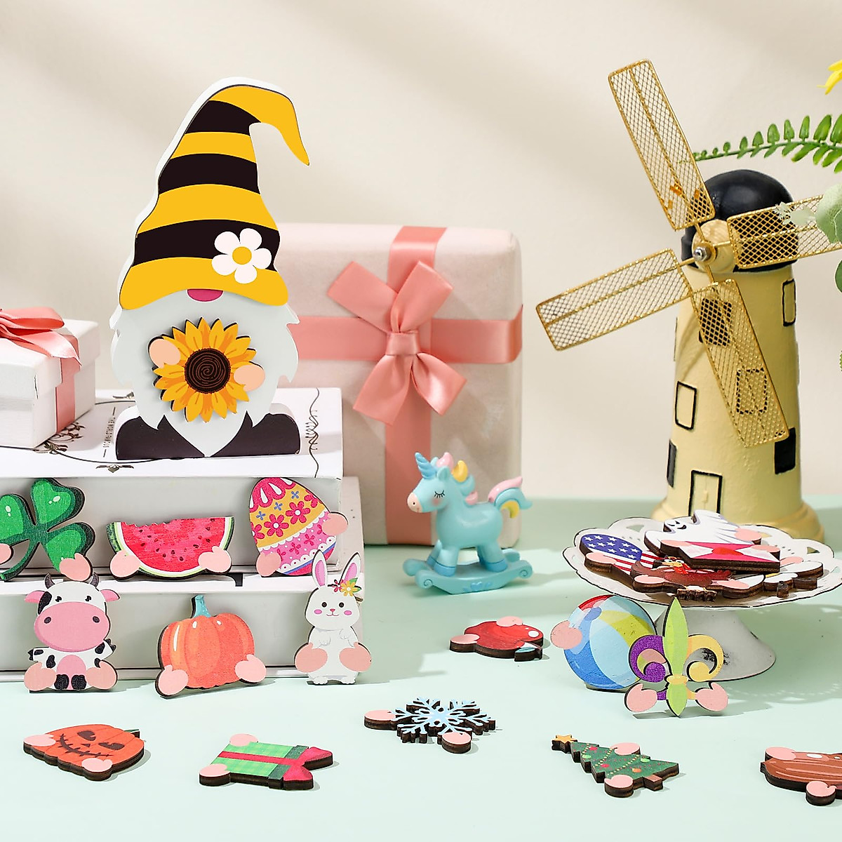 Thyle 37 Pcs Christmas Interchangeable Wooden Gnome Decor DIY Holiday Winter Seasonal Tiered Tray Decoration with Magnet Pieces Welcome Sign for Xmas Decorations