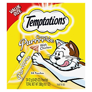 Temptations Creamy Puree with Chicken, Lickable Cat Treats, 0.42 oz Pouches, 24 Count