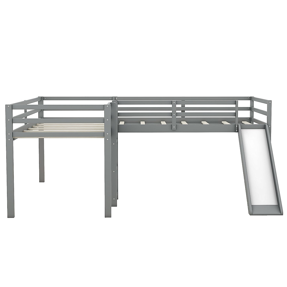 RUNWON Twin Size L-Shaped Loft Bed with Ladder and Slide for 2 Kids Teens