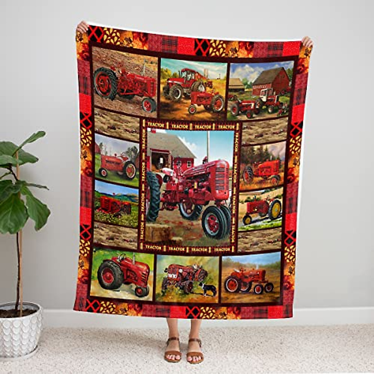 Tractor Blankets Red Farming Tractor On Prairie Blanket Plush Blanket Boys Fuzzy Blankets for Women Fall Throw Blanket Camping Blanket Small/Medium/Large/X-Large