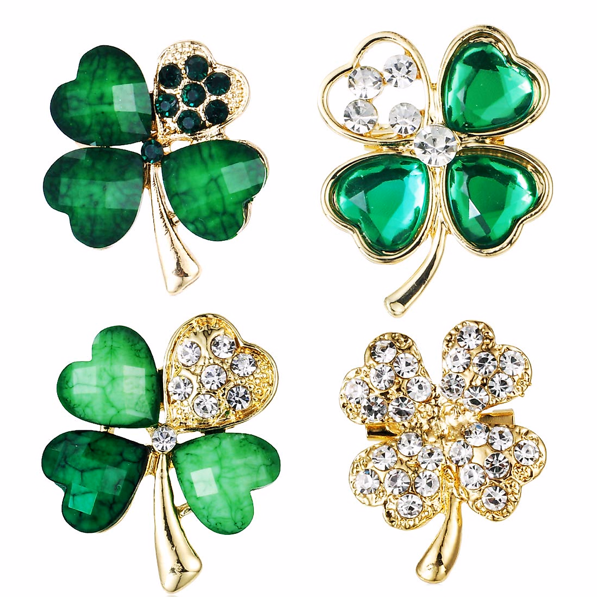 4 Pcs St. Patrick's Day Good Luck Charm Green Four Leaf Shamrock Clover Pin Brooch