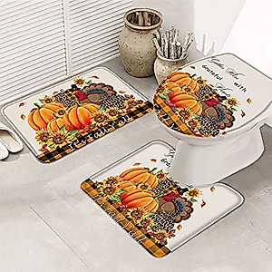 3 Pieces Bath Rugs Sets Farm Fall Harvest Soft Non-Slip Absorbent Toilet Seat Cover U-Shaped Toilet Mat for Bathroom Decor Thanksgiving Turkey Pumpkins