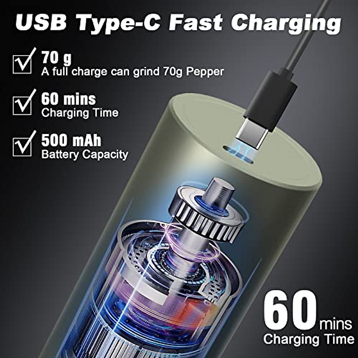 Electric Salt and Pepper Grinder Set - USB Rechargeable, Upgraded Capacity, Automatic One Hand Operation Salt and Pepper Mill Set with Led Light & Adjustable Coarseness Refillable - Sage