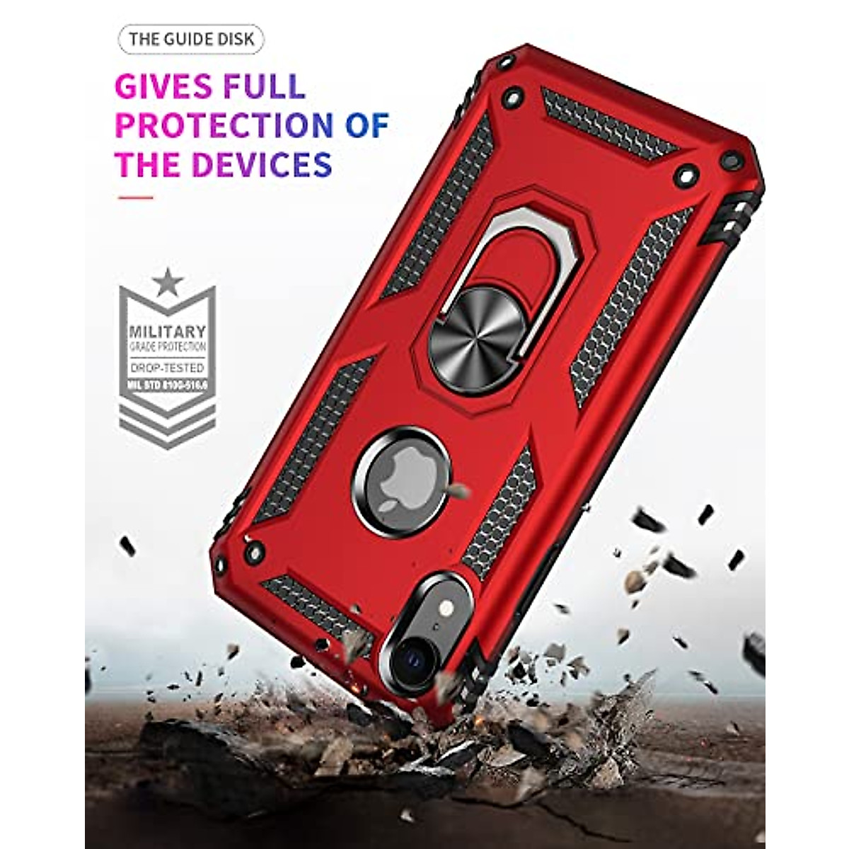 SunStory Compatible for iPhone XR Case with Tempered Glass Screen Protector,iPhone XR Phone Case with Magnetic Ring Kickstand for iPhone XR 2018 (Red, iPhone XR)