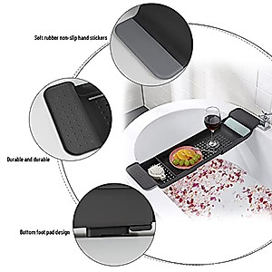 Expandable Drain Bath Shelf Caddy Tray, YOCOMEY Multifunctional Plastic Bathtub Tray Bathroom Organizer Simple Stylish Bathtub Storage Rack for Candle Towel, Book, Wine, Phone, Shower (Dark Gray)