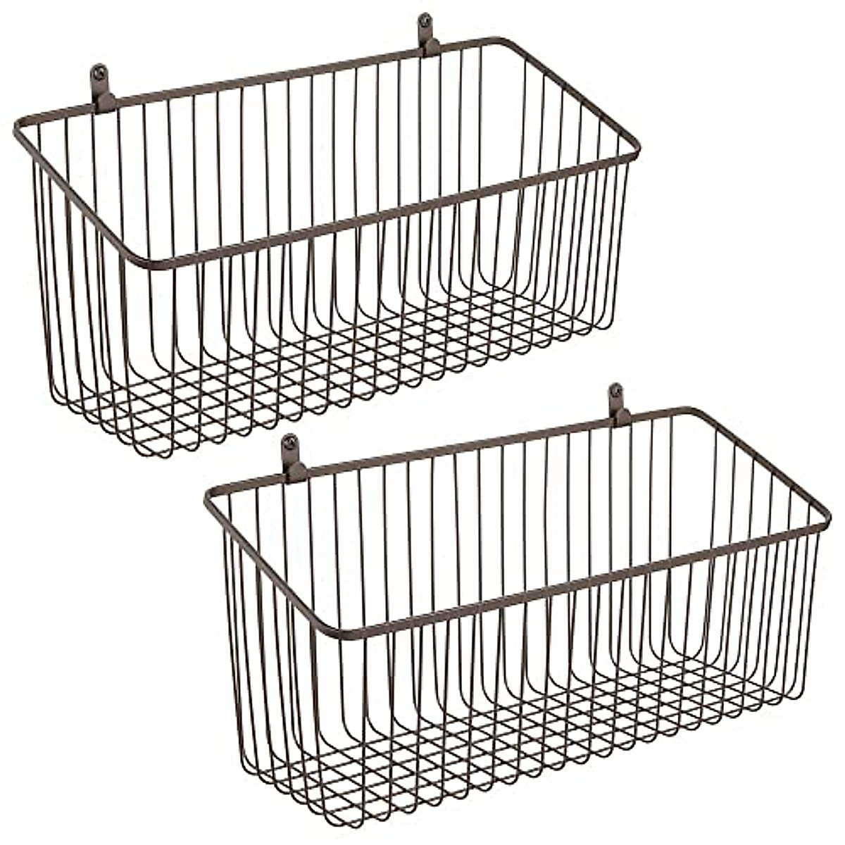 mDesign Portable Metal Farmhouse Wall Decor Angled Storage Organizer Basket Bin for Hanging in Entryway, Mudroom, Bedroom, Bathroom, Laundry Room - Wall Mount Hooks Included, Large - 2 Pack - Bronze