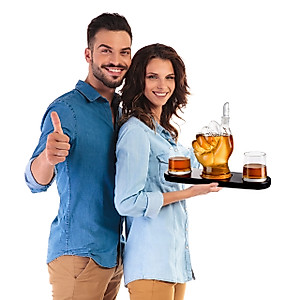 Thumbs Up Whiskey Decanter Set - with Two 10 oz Whisky Glasses - on Rich Wood Mahogany Base Tray - Business Gift Set - Whiskey/Wine Dispenser for Liquor, Scotch, Bourbon, Vodka - 32oz - Bezrat