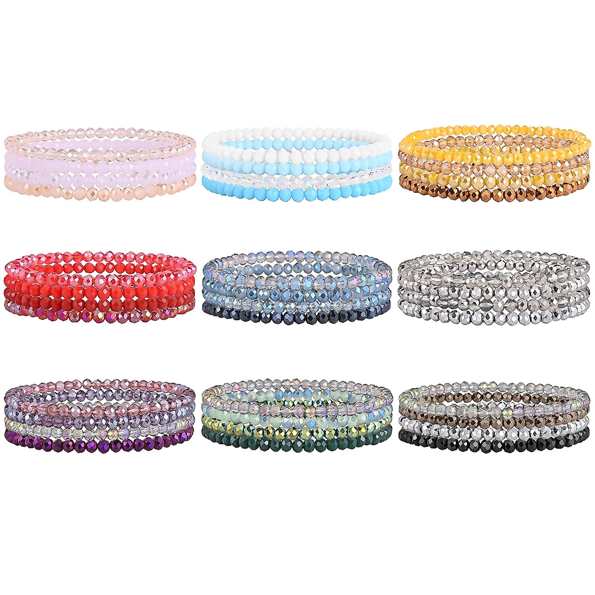 VONRU 9 Sets Crysal Bead Bracelets for Women Bohemain Stackable Bracelet Charm Mixed Color Handmade Strand Bracelet for Sisters Wife Daughter