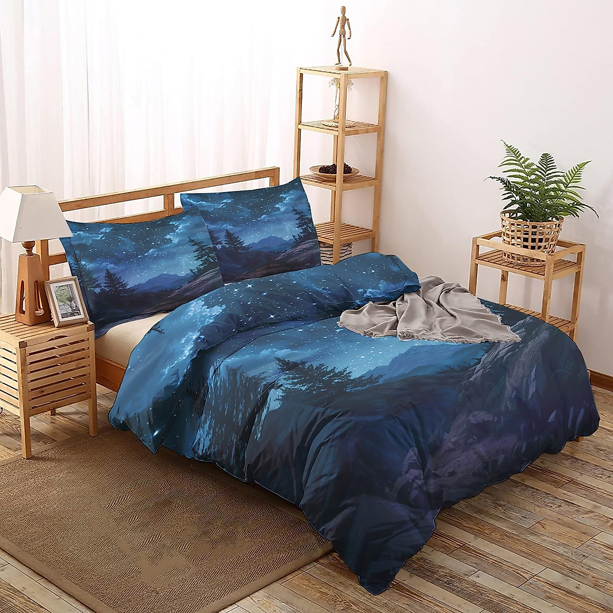 Epzthxlyr Starry Night Duvet Cover Full Size, Scenic Mountain Bedding Set 3 Pieces Set, Soft Microfiber, with Zipper and Corner Ties, Natural Landscape Comforter Cover 1 Duvet Cover + 2 Pillow Cases