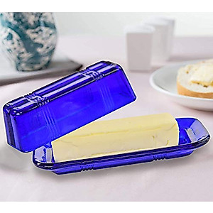 Home-X Glass Butter Dish with Lid - Vintage Style Butter Keeper for Countertop, Retro Butter Container with Cover, Dishwasher Safe Butter Holder, 6 3/4" L x 3 1/4" W x 2 1/2" H, Blue
