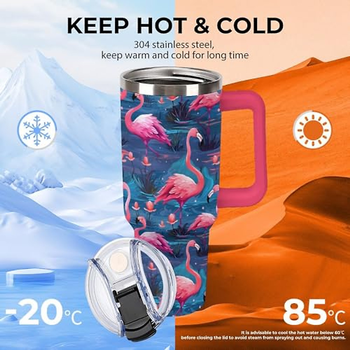 Flamingos 40 Oz Stainless Steel Cup Travel Tumbler with Handle and Straw Lightweight Coffee Mug for Home Office