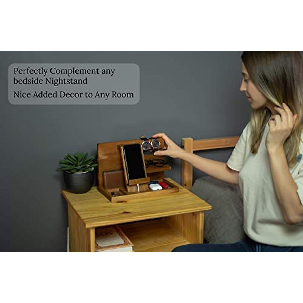 WUTCRFT - Wooden Phone Docking Station/Bedside Nightstand Organizer with Watch, Glasses, Wallet and Accessories Holder, Perfect as a Desk Organizer, Birthday gift, or Gifts for Men