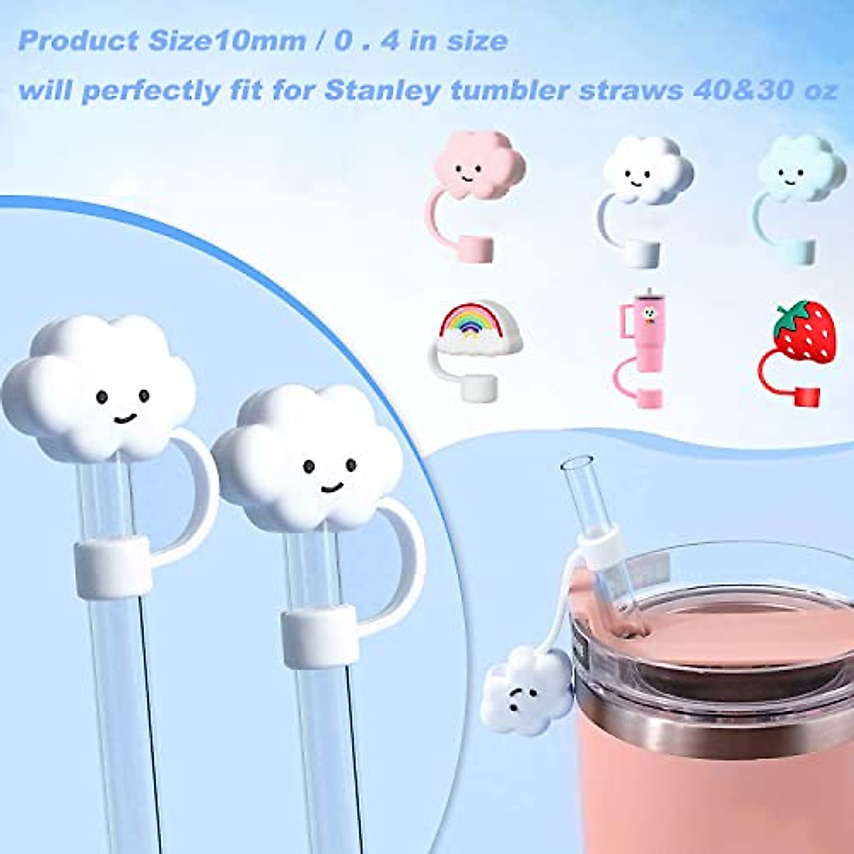 GLBEAR Straw Cover for Stanley Cup,6Pcs Cloud Straw Covers Compatible with Stanley 30&40 Oz Tumbler with Handle,Silicone Straw Topper for Stanley Cups (Straw Covers Cap 6 PCS)