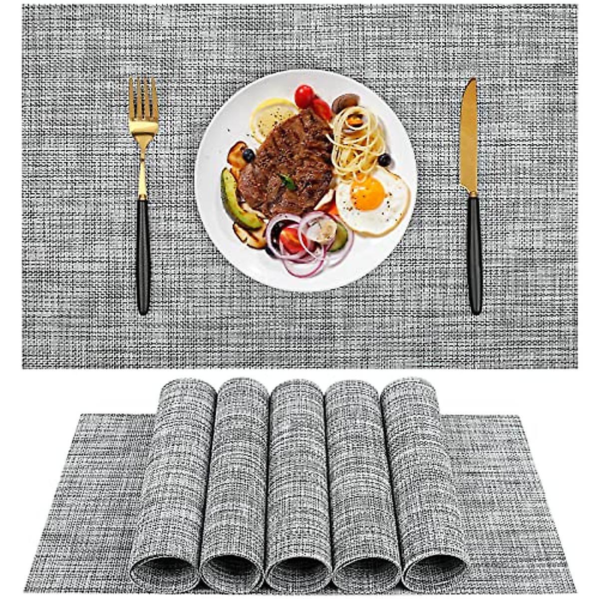 Placemats Set of 7 Dining Table Place Mats Gray - PVC Modern Table Mat Placemats No Slip, Placemat for Kitchen Dinner Coffee Outdoor