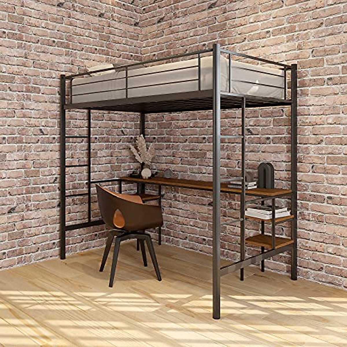 Metal Twin Loft Bed with Desk and Storage Shelves, Space-Saving Bed Frame with 2 Side Ladders and Safety Guard Rails for Kids Teens Adults, No Box Spring Needed