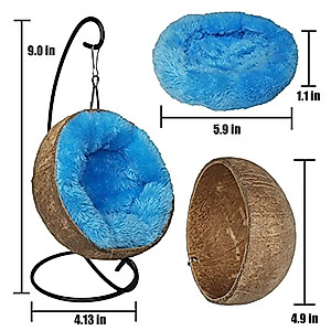 Fhiny Coconut Hamster Hideout Hammock, Natural Raw Coco Husk Bed House with Warm Pad Small Animal Habitat Decor Hanging Coconut Shell Cage Accessories for Dwarf Hamster Gerbil Sugar Glider Mice