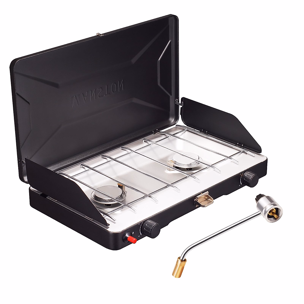 VANSTON 2-Burner Propane Camping Stove, 20,000 Total BTUs Portable Gas Camping Grill, Stovetop with Adjustable Burners, Wind Guards, Heavy-Duty Latch, Built-in Carrying Handle, Pressure regulator