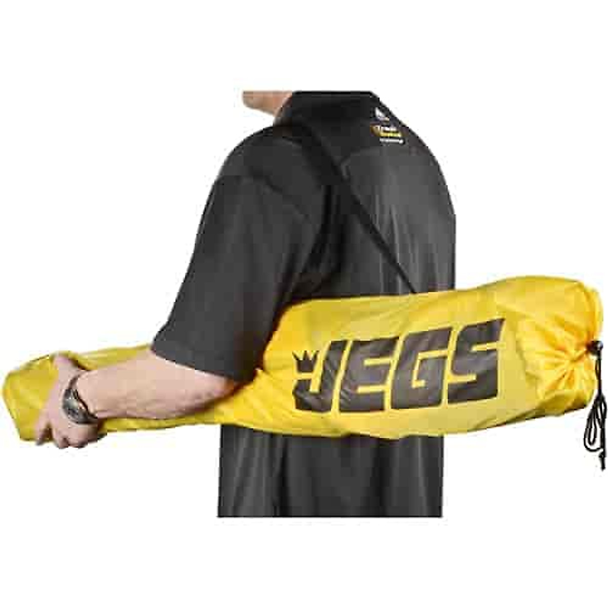JEGS Folding Chair | Yellow Canvas with Black Logo | Black Powder Coated Frame | Capacity 250 LBS | Total Height 36” | Includes Mesh Cup Holder and Storage Bag with Strap