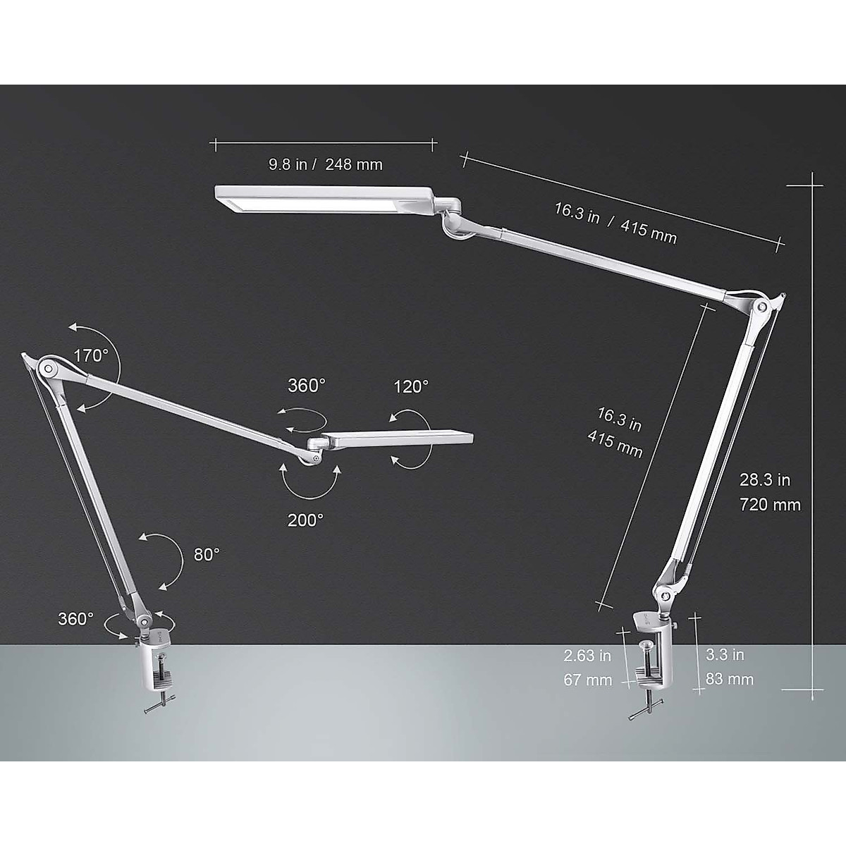 PHIVE LK-2 Architect Desk Lamp with Metal Swing Arm, Dimmable Workbench Lamp (4 Lighting Modes, 6 Brightness Levels), Eye-Caring Architect Task Table Light, Clamp on Desk Light for Office, Drawing