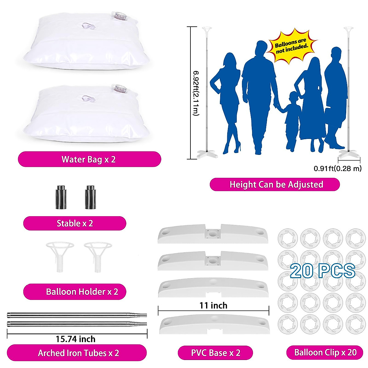 Toosci 2 Sets Adjustable Balloon Column Stand Kit, Metal 9 Feet Balloon Stands for Floor, Balloon Tower Decorations for Baby Shower Graduation Birthday Wedding Party