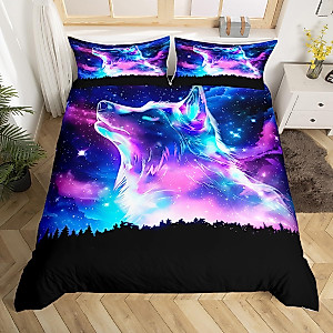 Feelyou Galaxy Duvet Cover Wild Wolf Printed Comforter Cover Northern Light Bedding Set for Kids Adults Starry Sky Aurora Quilt Cover Soft Room Decor Nature Scenery Quilt Cover 2Pcs Twin Size
