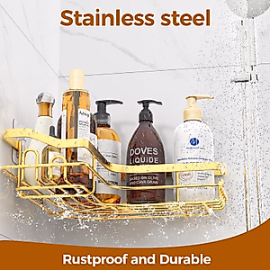 Hsiohe Gold Corner Shower Caddy, Adhesive Shower Organizer for Bathroom Storage, Rustproof Stainless Steel Gold Shower Shelves, No Drilling, Space-Saving Shower Rack Shelf for Inside Shower, 5 Pack