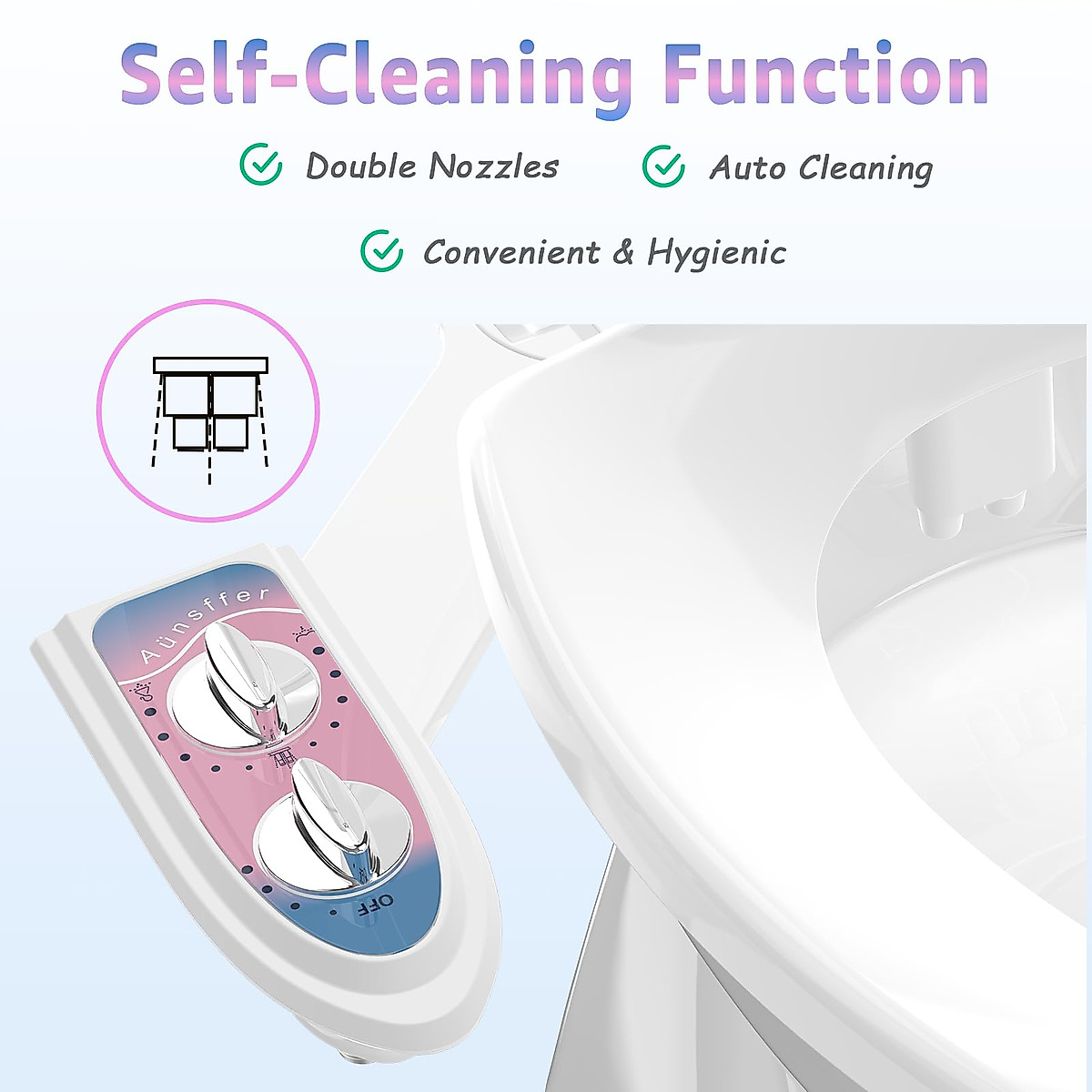 Aünsffer Toilet Bidet Attachment for Toilet, No-Electric Fresh Cold Water with Dual Nozzles Sprayer, 3 Wash Modes (Feminine/Bidet Wash + Self-Cleaning)，Fits Standard Toilet Bowl, Blue Pink