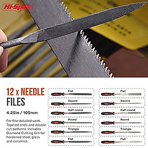 Hi-Spec 18 Piece Metal Hand & Needle Files Tool Set Kit. Large & Small Mini T12 Carbon Steel Diamond Flat, Half, Round, Triangle Files for DIY, Wood and Crafts. Complete in a Zipper Case with Brushes