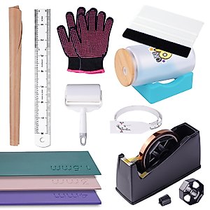 GO2CRAFT Basic Tool Set for Mug Press, 14Pcs Tool Set for Mug Tumbler Press with 3Pcs Sublimation Tumbler Wraps,Silicone Cup Cradle with Built-in Slot&Tape Dispenser, Big Bundle for DIY Gifts, Craft