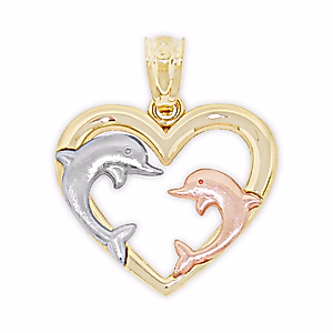 Charm America - Gold Tri-Color Dolphins in Heart Charm - 10 Karat Solid Gold