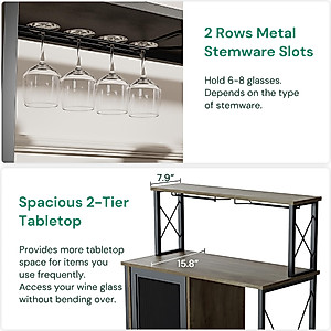 SunsGrove Wine Bar Cabinet with Removable Wine Rack, Coffee Bar Cabinet with Glass Holder, 3 Adjustable Open Shelves, Small Sideboard and Buffet Cabinet with Mesh Door, Wood Color
