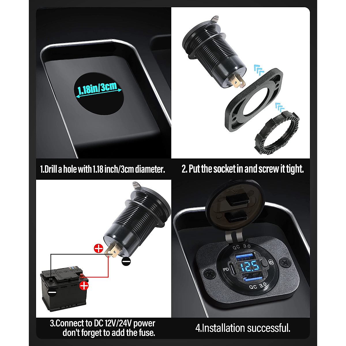 ESEWALAS 12v USB Outlet, Quick Charge 3.0 Dual USB and PD USB C Socket Power Outlet with On Off Switch,12 Volt USB Charger Socket,Waterproof 12V/24V Fast Charge USB Port