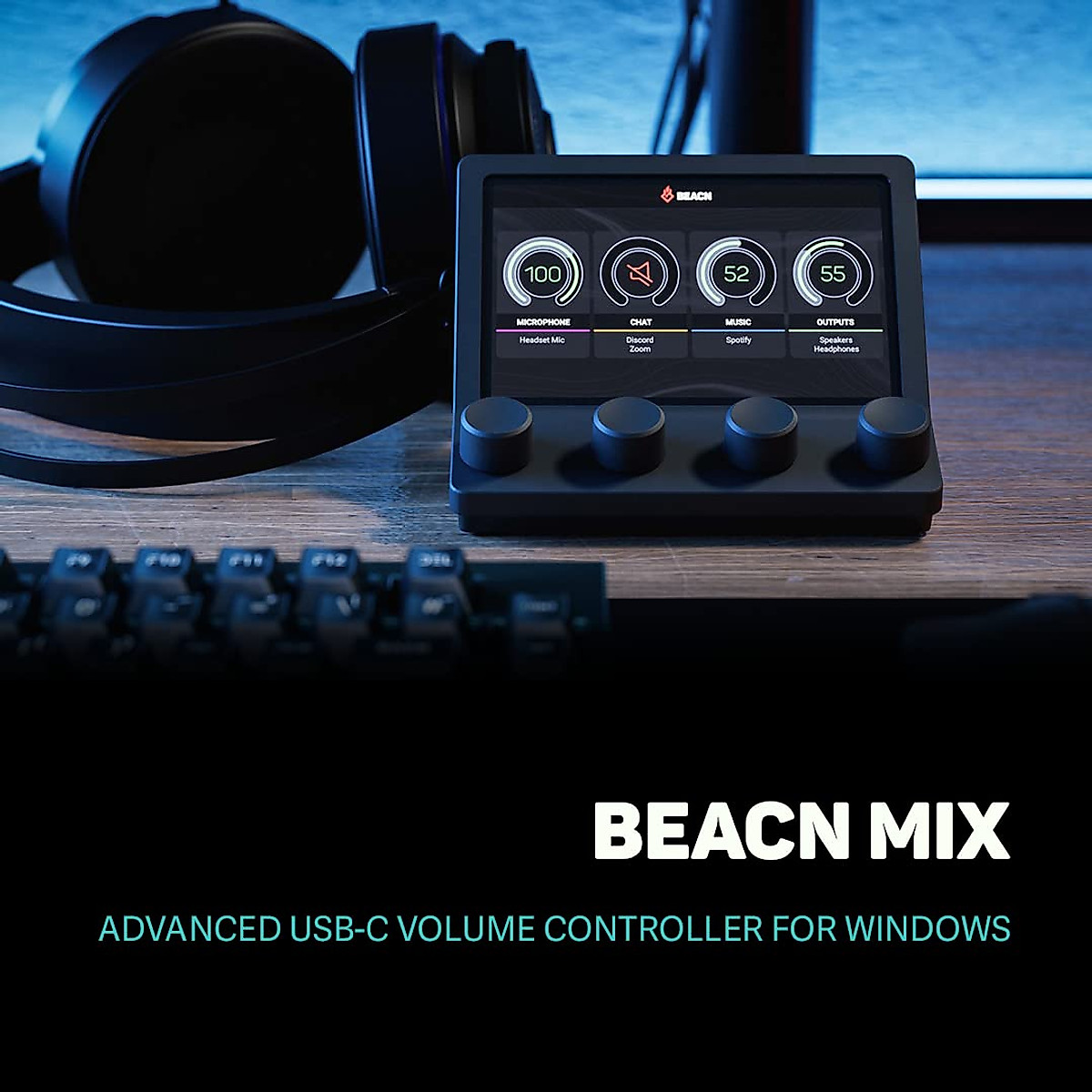 BEACN Mix USB C Audio Controller | Windows and MacOS Audio Mixer for Gaming or Work| 4-Channel Audio Control with 5" Full-Color Display & Precision Knobs | Drag-and-Drop Customization (Dark)