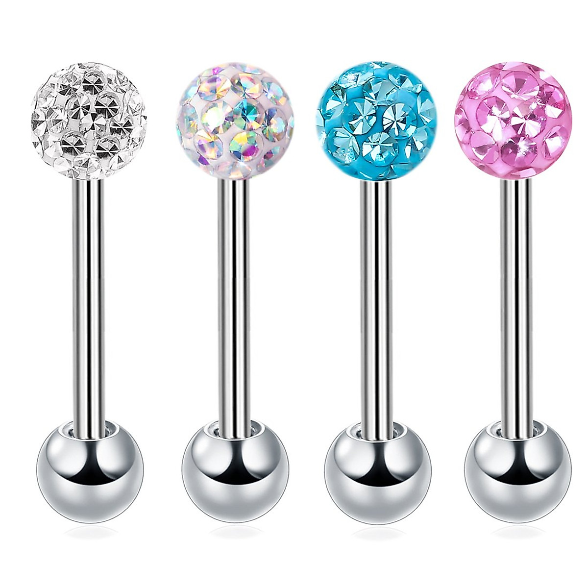 ZHIYAOR Anti-allergy Surgical Steel Tongue Rings Women Handmade Epoxy Crystal Piercing Barbells 14G 16mm (AB+Blue+Pink+White)