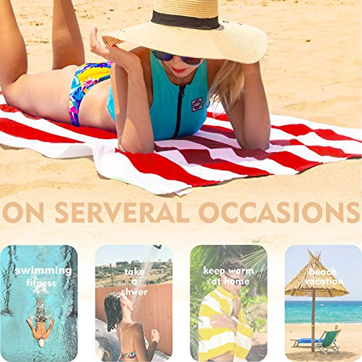 Exclusivo Mezcla 2-Pack 100% Cotton Oversized 35"x70" Cabana Stripe Beach Towels, Super Absorbent Soft Plush Pool Towel, Bath Towel (Red)