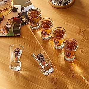 de la Cruz Tequila Mexican Tequila Sugar Skull Shot Glasses, Set of 6, Heavy Base, Bar Party, Gift for Family and Friends