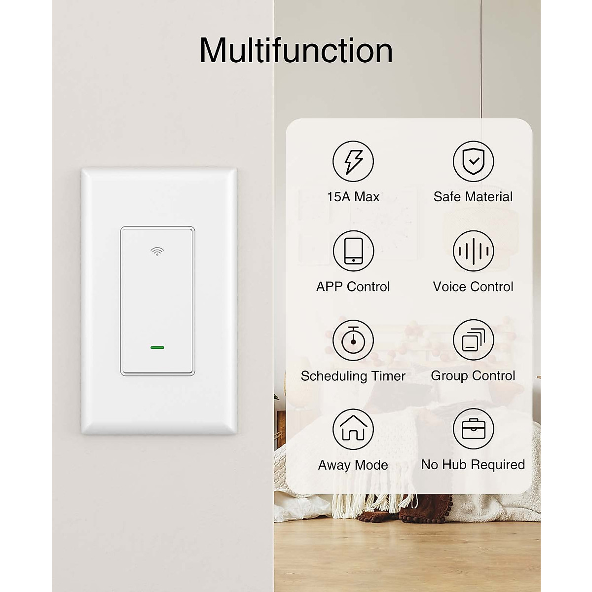 GHome Smart Switch, 2.4Ghz Wi-Fi Switch Works with Alexa, Google Assistant Single-Pole,Neutral Wire Required,UL Certified,Remote/Voice Control and Schedule, No Hub Required, (2 Pack)