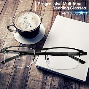 MIRYEA Progressive Multifocus Computer Reading Glasses Blue Light Blocking Multifocal Readers for Men and Women Multi Focus Eyeglasses Eyewear Anti Glare Light Weight TR90 Semi-rimless Frame