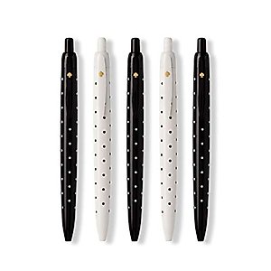 Kate Spade New York Black Ink Pen Set of 5, Polka Dot Retractable Pens, Cute Plastic Click Pens, Black Dots