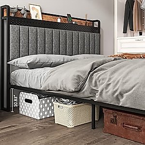 Saudism Queen Size Bed Frame With Charging Station, Bed Frame With Led Lights, Queen Platform Bed Frame With Soft Storage Headboard, Sturdy and Durable, No Box Spring Needed, Rustic Wood + Steel, Grey