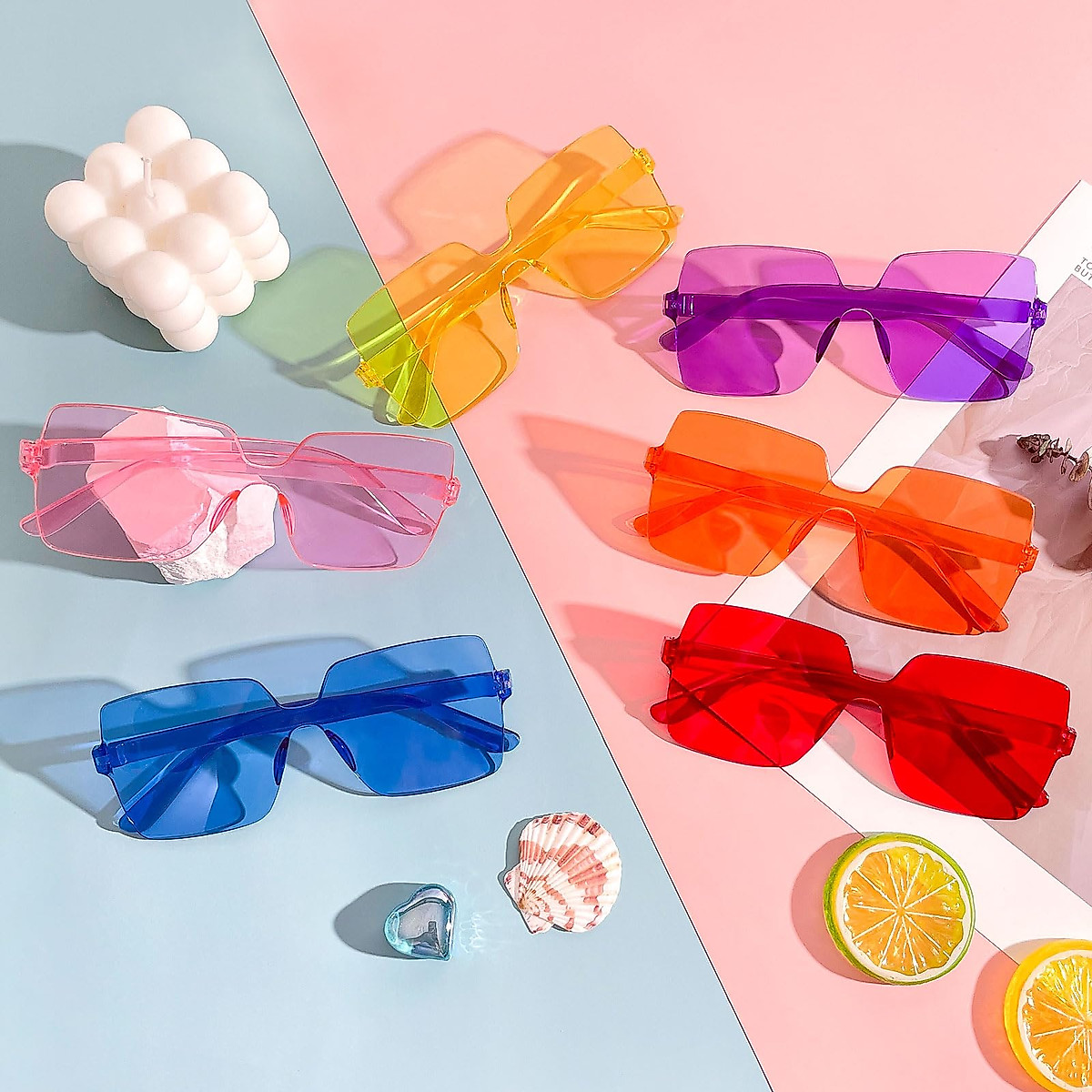 Pibupibu 12 Pack Square Rimless Party Sunglasses Bulk, Transparent Tinted One Piece Colorful Sunglasses for Adult Teens, Candy Color