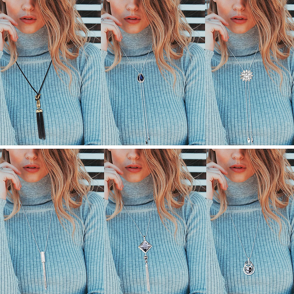 Jstyle 6Pcs Women Long Sweater Necklace Silver Plated Rhinestone Flower Tassel Pendant Neckace Jewelry Women Gifts