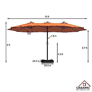 CASAINC 15 FT Solar LED Patio Umbrella with Base Double-Sided Extra Large Outdoor Umbrella Market Rectangular Twin Umbrella w/Crank for Garden Deck Lawn Pool Backyard-Orange (with Lights)