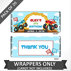 Monster Truck Party Favors for Kids Birthday, Personalized Candy Wrappers, Pack of 20 Custom Chocolate Bar Labels