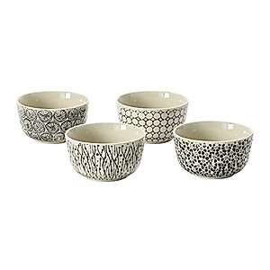 Creative Co-Op Hand-Stamped Stoneware Bowl with Embossed Pattern, Black & Cream Color, 4 Styles Dinnerware, Multi