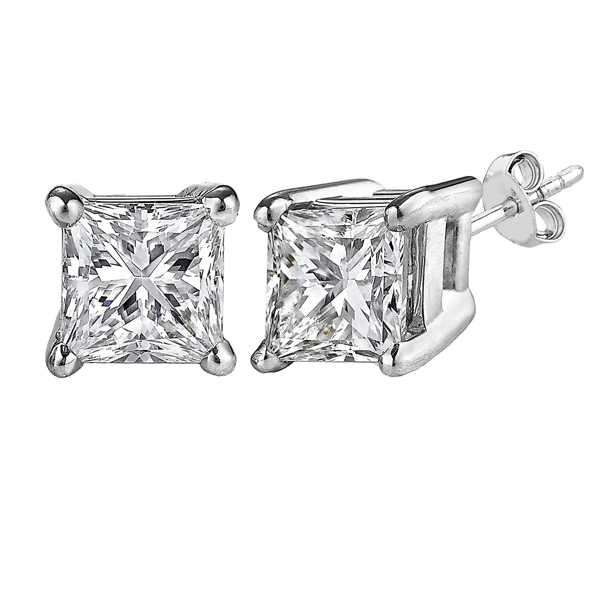 14k White Gold Princess Cut White Cubic Zirconia Stud Earrings, 5mm
